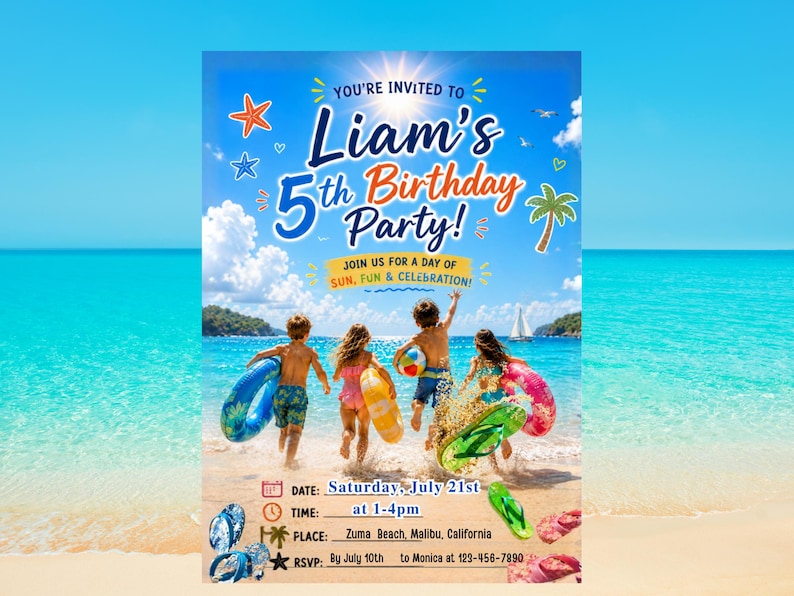 Beach Birthday Party Invite, Summer Seaside Party Invitation, Kids ...