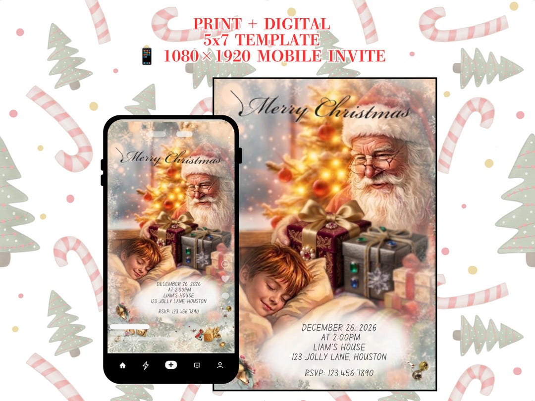 Christmas Invitation Template With Santa & Sleeping Child, Editable ...