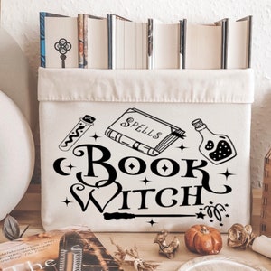 Book Basket, Book Witch Wand Design Canvas Organiser, Book Storage ...