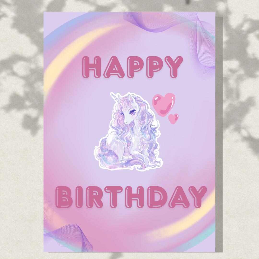 Cute Unicorn Birthday Card Printable, 5x7 PNG PDF, Pastel Rainbow ...