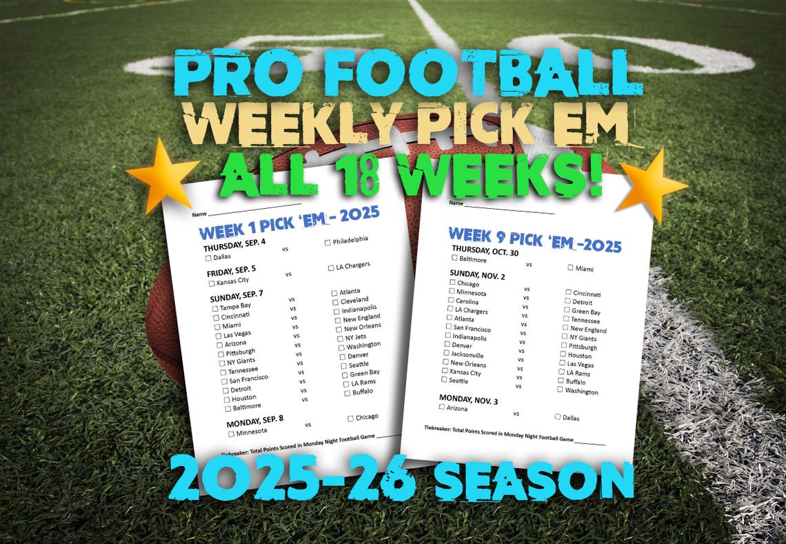 Printable Weekly Football Pick'em Pool Sheets: 2025-26 Season (PDF ...