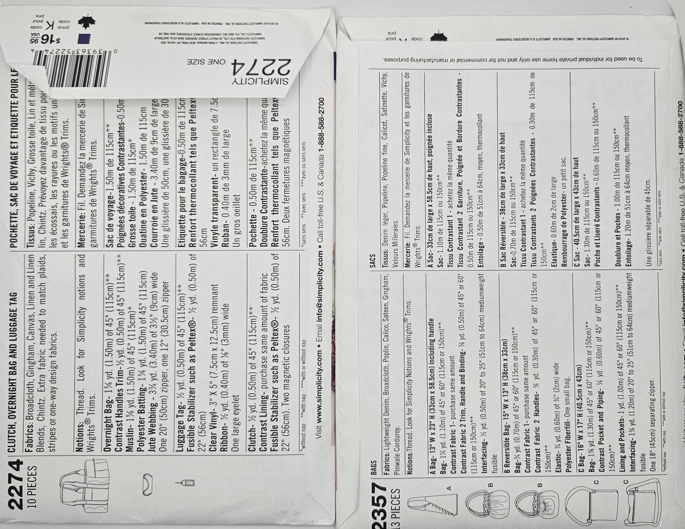 CHOOSE Accessories Simplicity 2274, 2357, R11215, Kwiksew K4294 ...