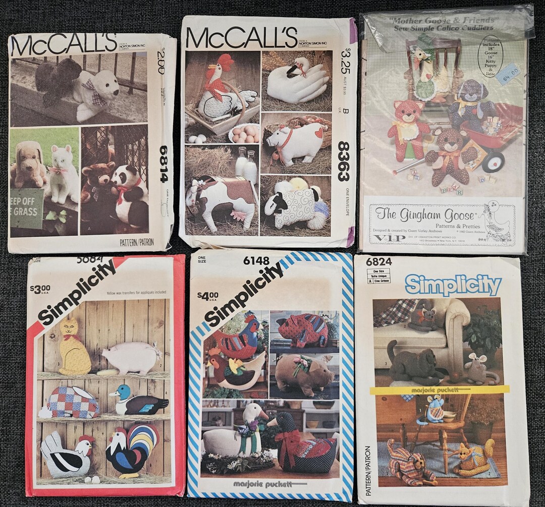 CHOOSE VINTAGE Stuffed Animal Sewing Patterns: Bear-cat-panda-seal-dog ...