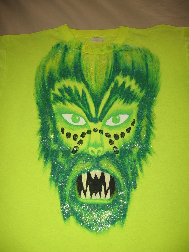Handpainted Neon Green Monster Werewolf T Shirt Large Glow in the Dark ...