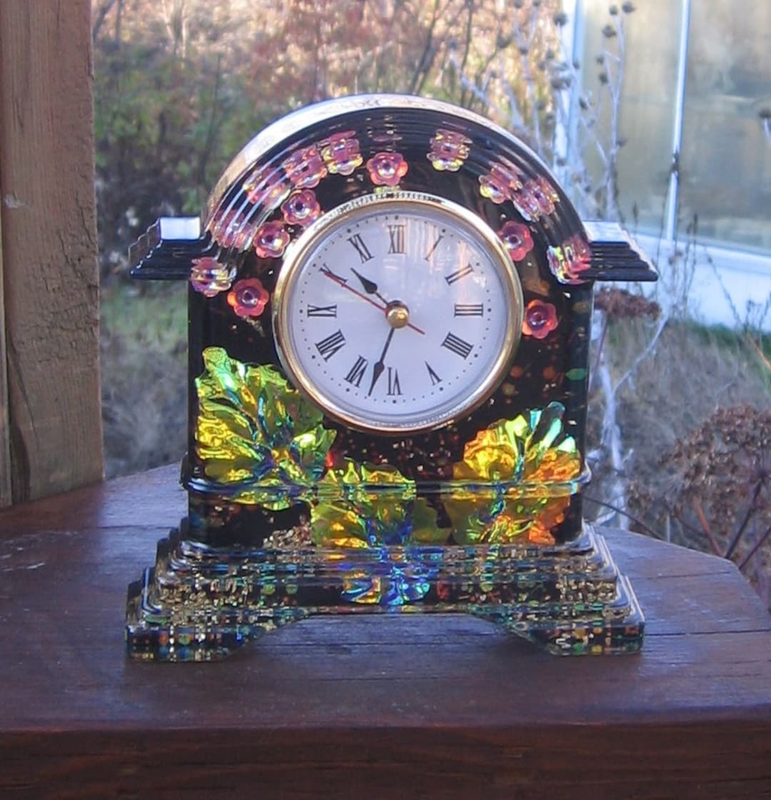 Small Resin Mantel Clock Sparkly Foil Leaves and Flowers - Etsy