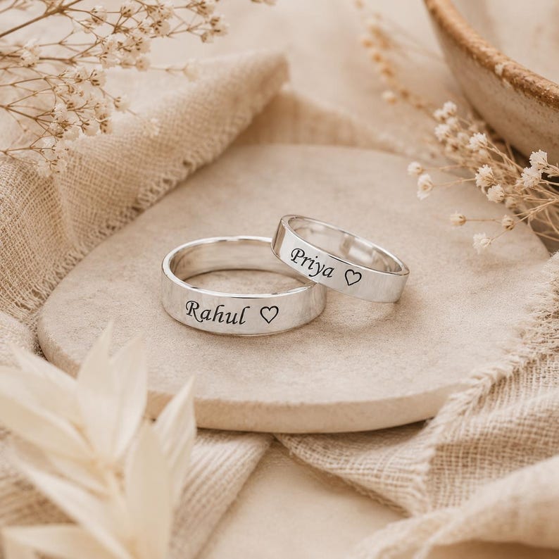 Personalized Couple Rings, Custom Engraved Matching Bands, Silver ...