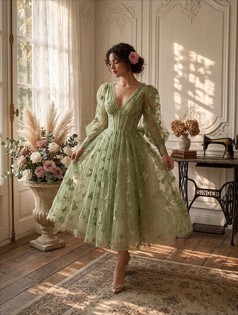 Sage Green Butterfly Fairy Prom Dress, Long Sleeve Cottagecore Midi ...
