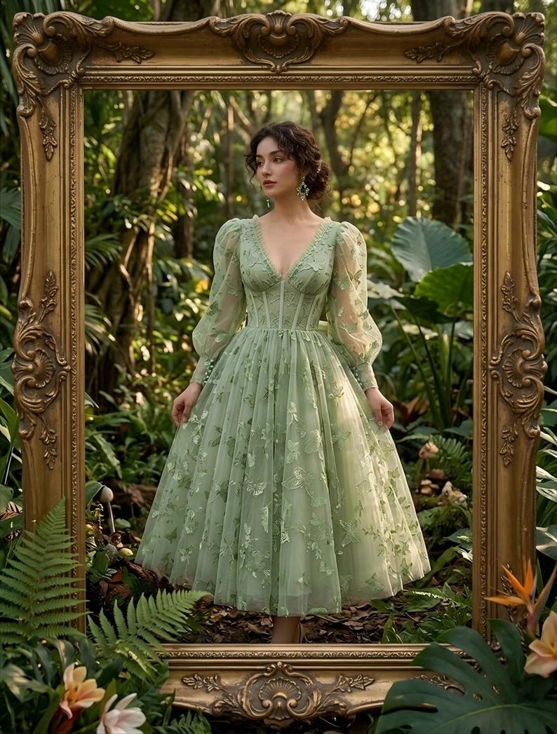Sage Green Butterfly Fairy Prom Dress, Long Sleeve Cottagecore Midi ...