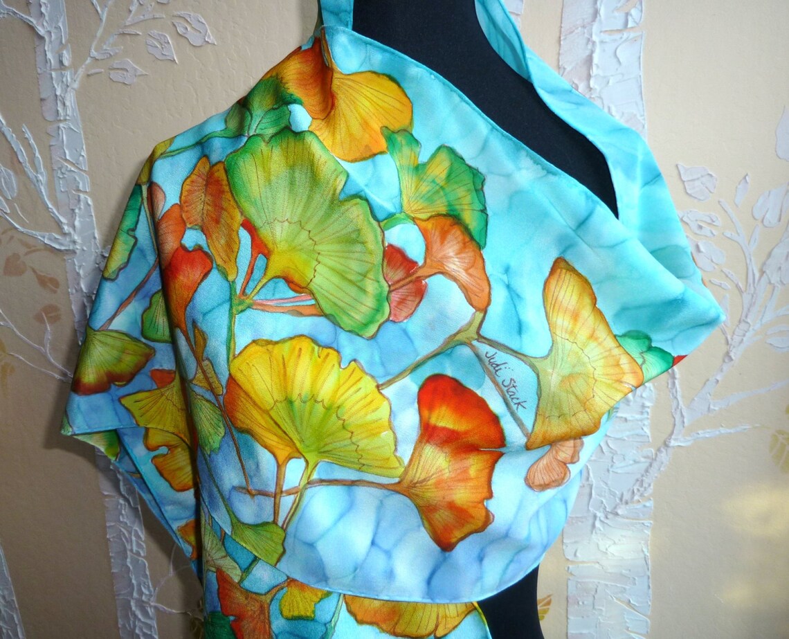 Hand Painted Silk Crepe Scarf of Ginkgo Leaves in Gold, Orange, Lime ...