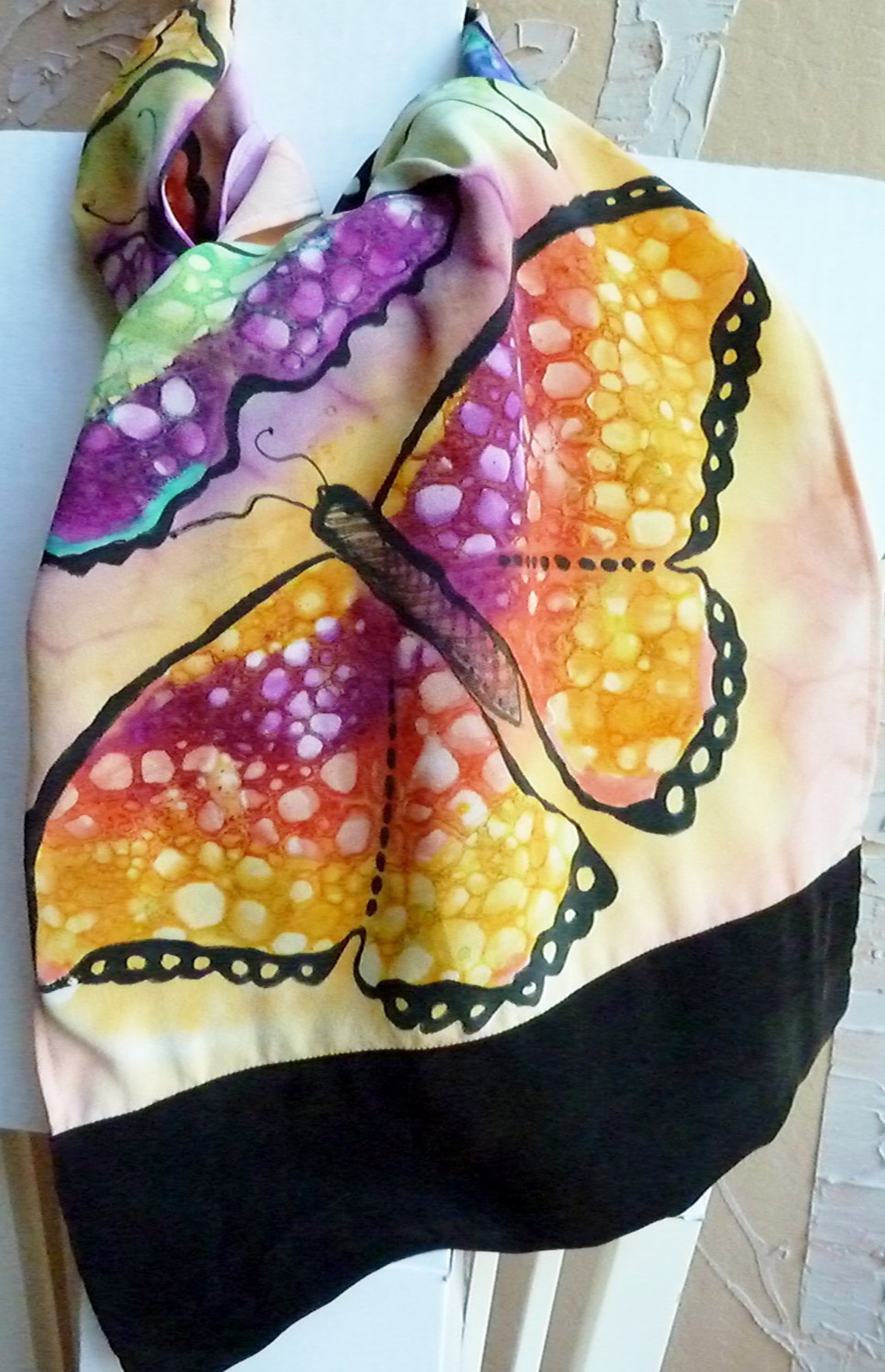 Handpainted Silk Butterfly Scarf Motif in Purple, Blue, Turquoise, Gold ...
