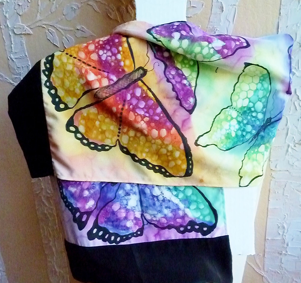 Handpainted Silk Butterfly Scarf Motif in Purple, Blue, Turquoise, Gold ...