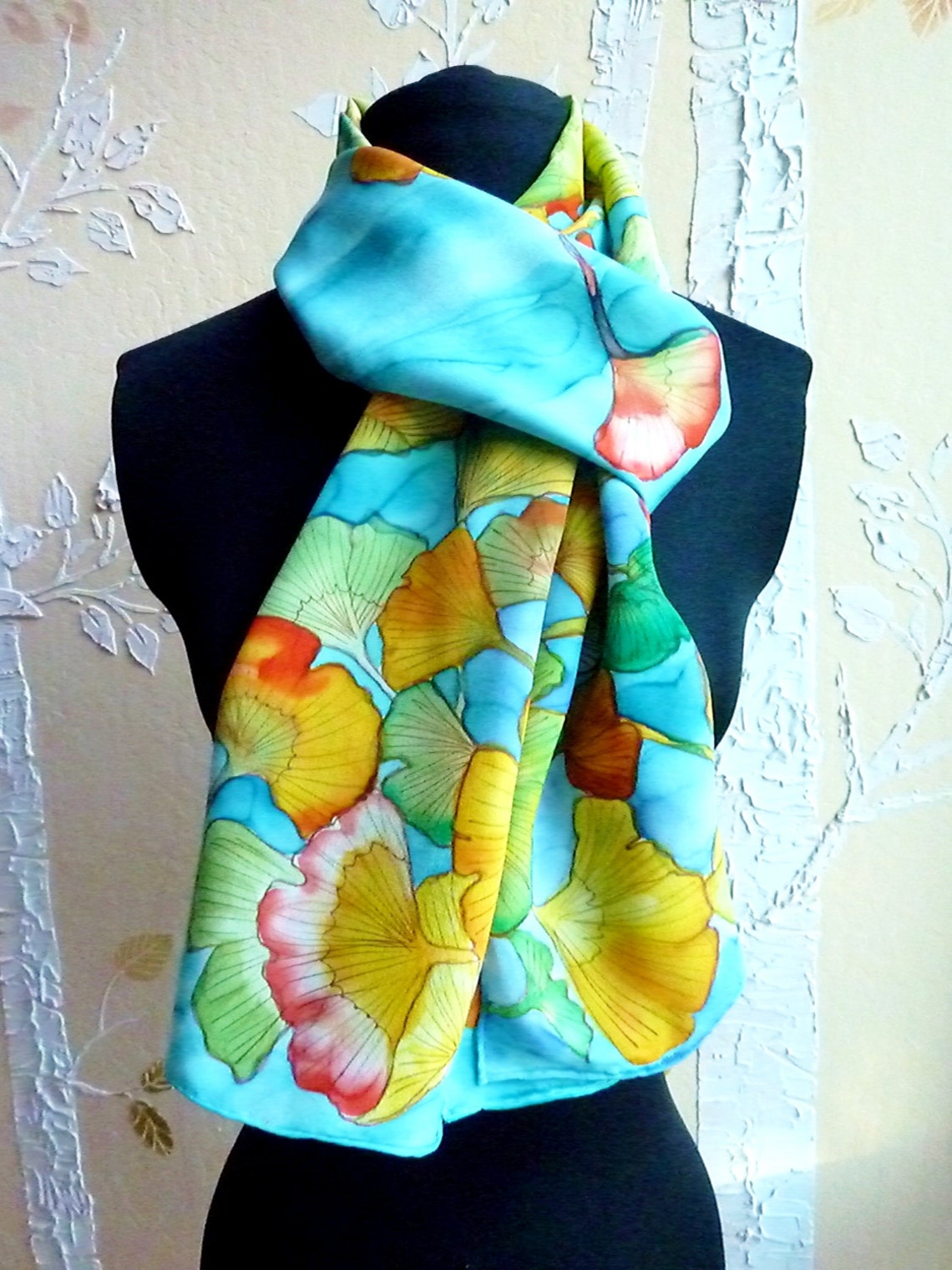 Hand Painted Silk Crepe Scarf of Ginkgo Leaves in Gold, Orange, Lime ...