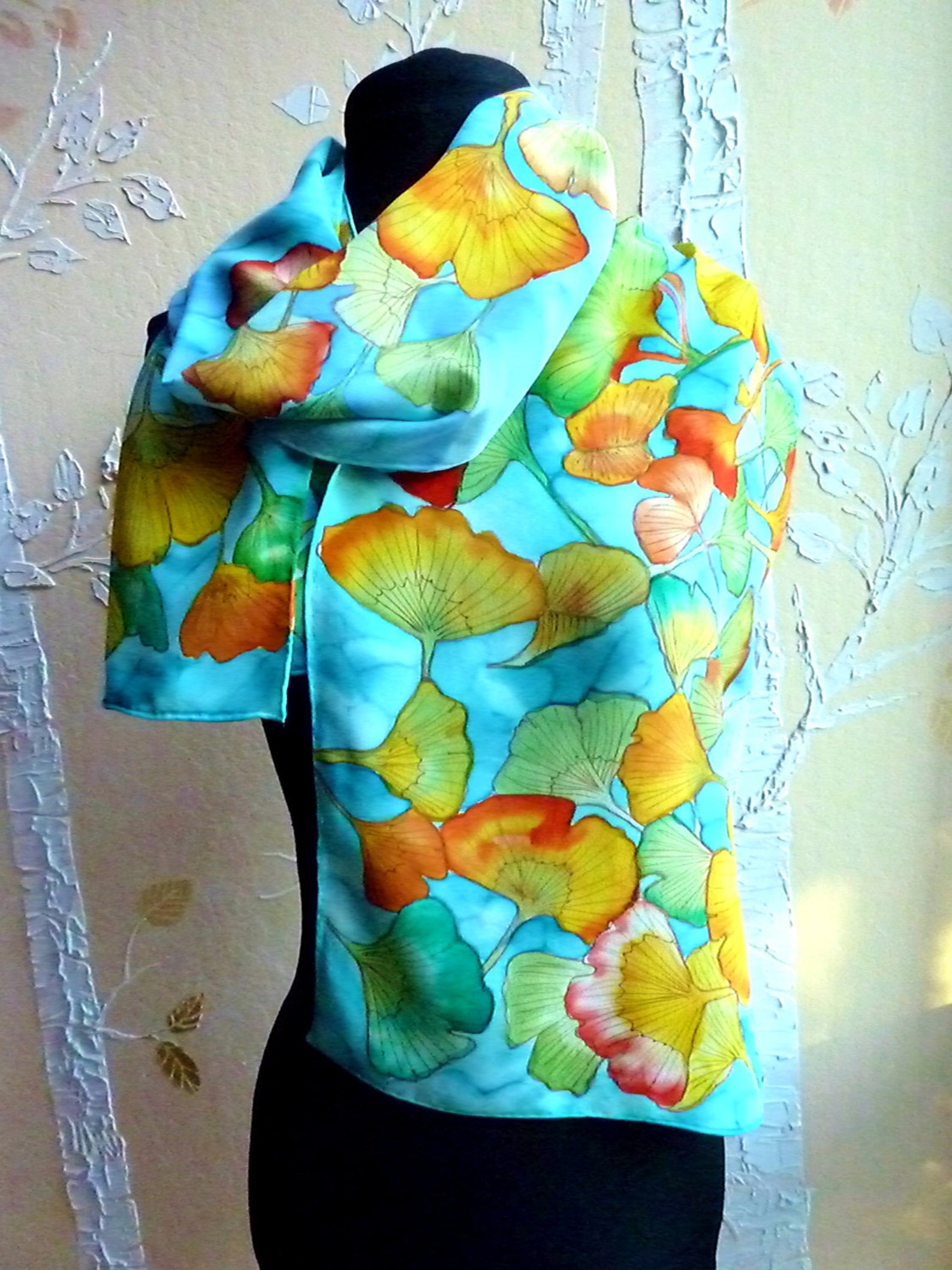 Hand Painted Silk Crepe Scarf of Ginkgo Leaves in Gold, Orange, Lime ...