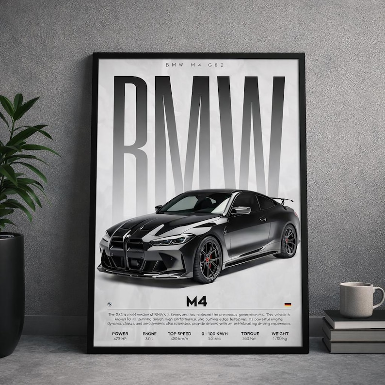 BMW M4 G82 Poster, Black Sports Car Wall Art Print, Modern Automotive ...