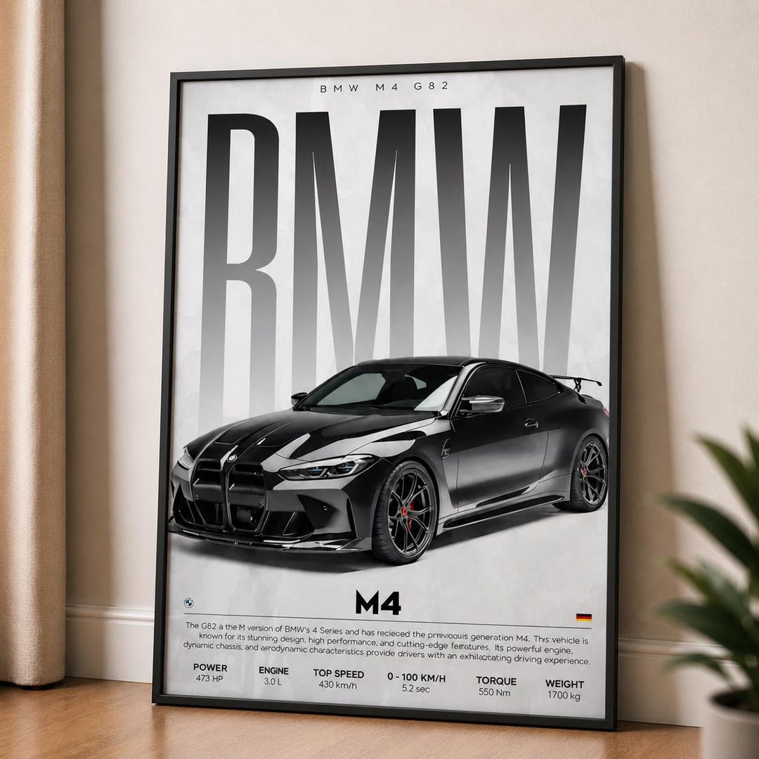 BMW M4 G82 Poster, Black Sports Car Wall Art Print, Modern Automotive ...