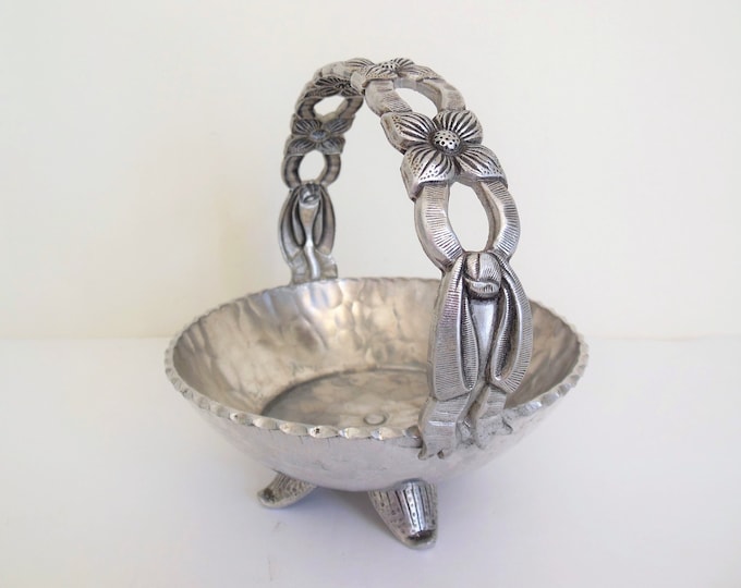 Aluminum Basket With Handle, Small Silver Metal Bowl, Hammered Aluminum ...