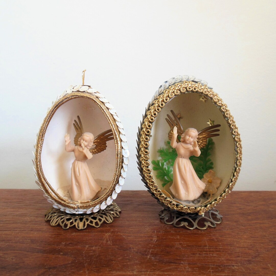 Angels in Egg Diorama for Christmas or Easter, Two Standing Gold Eggs ...