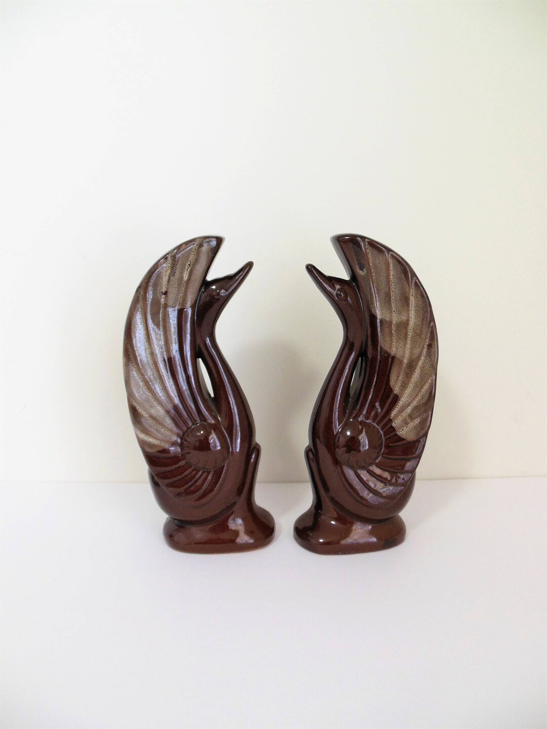 Brown Pottery Redware Swans, Pair of Glossy Drip Swan Figurines, Mid ...