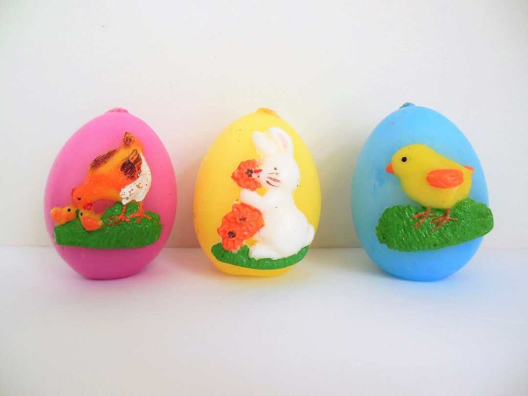 Easter Egg Shaped Candles, Set of 3 Vintage Candles, Pink With Chickens ...