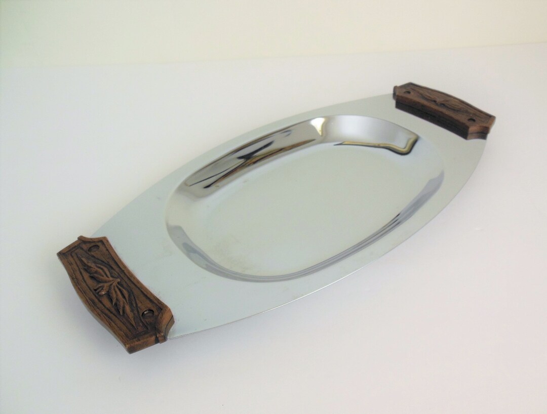 Kromex Chrome Tray, Serving Tray With Faux Wood Resin Handles, Long ...