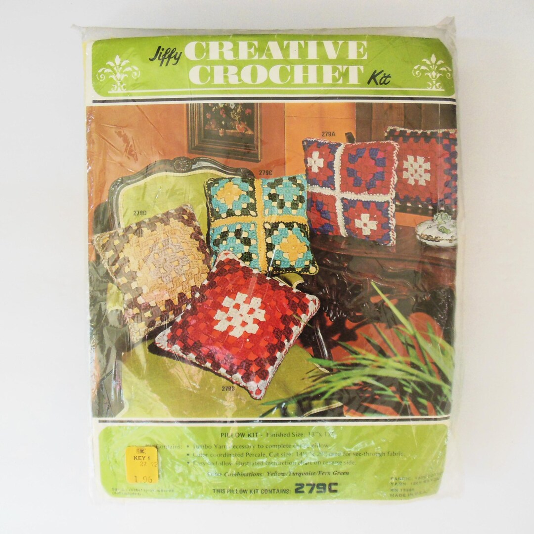 Jiffy Creative Crochet Pillow Kit Unused, Yellow Turquoise Fern Green ...