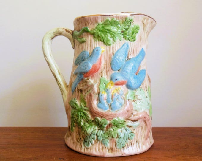 Pitcher With Bluebird Family Majolica Style by Inis, Vintage Ceramic ...