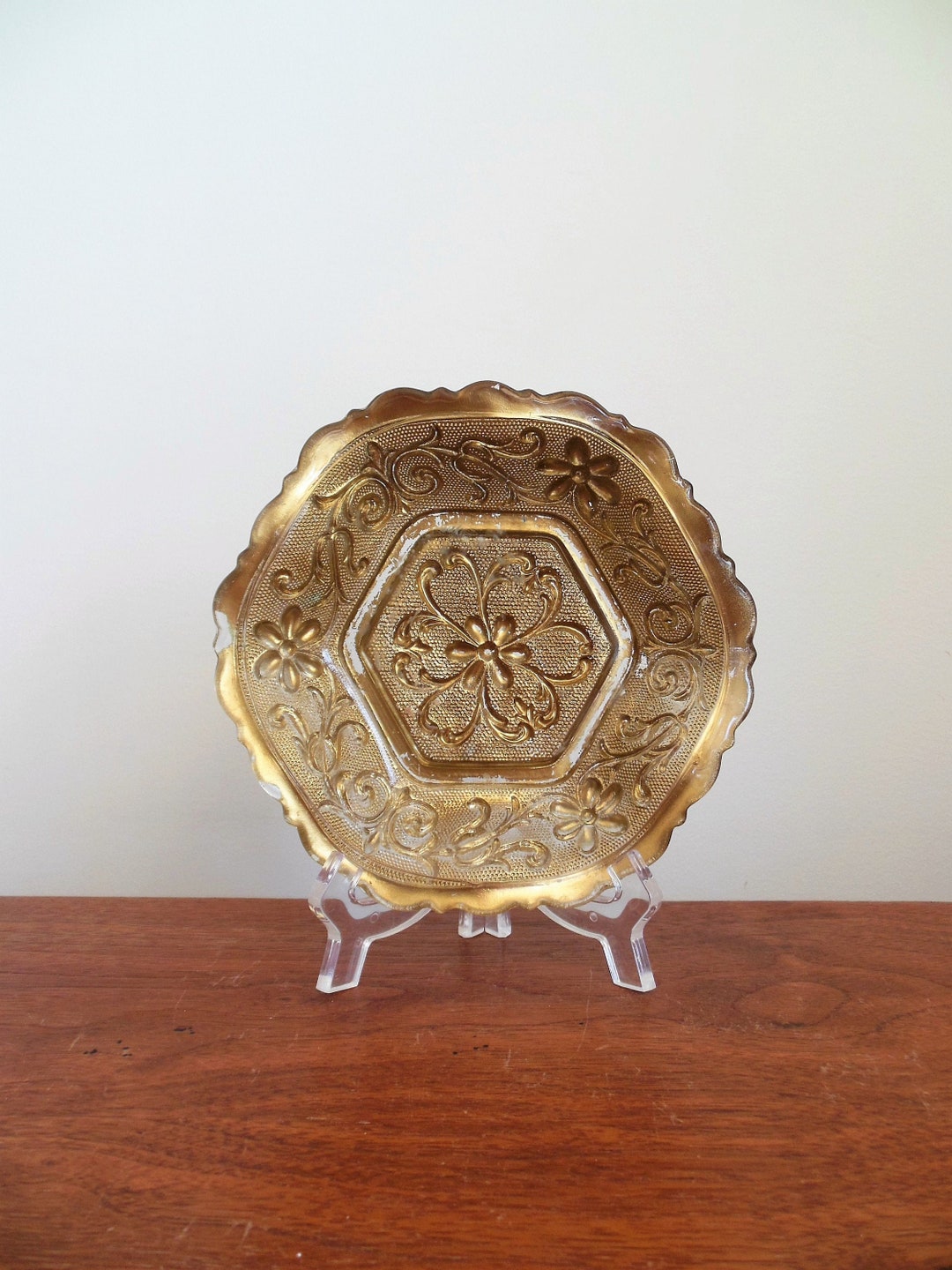 Goofus Glass Style Gold Painted Bowl, Floral Dish With Flowers and ...