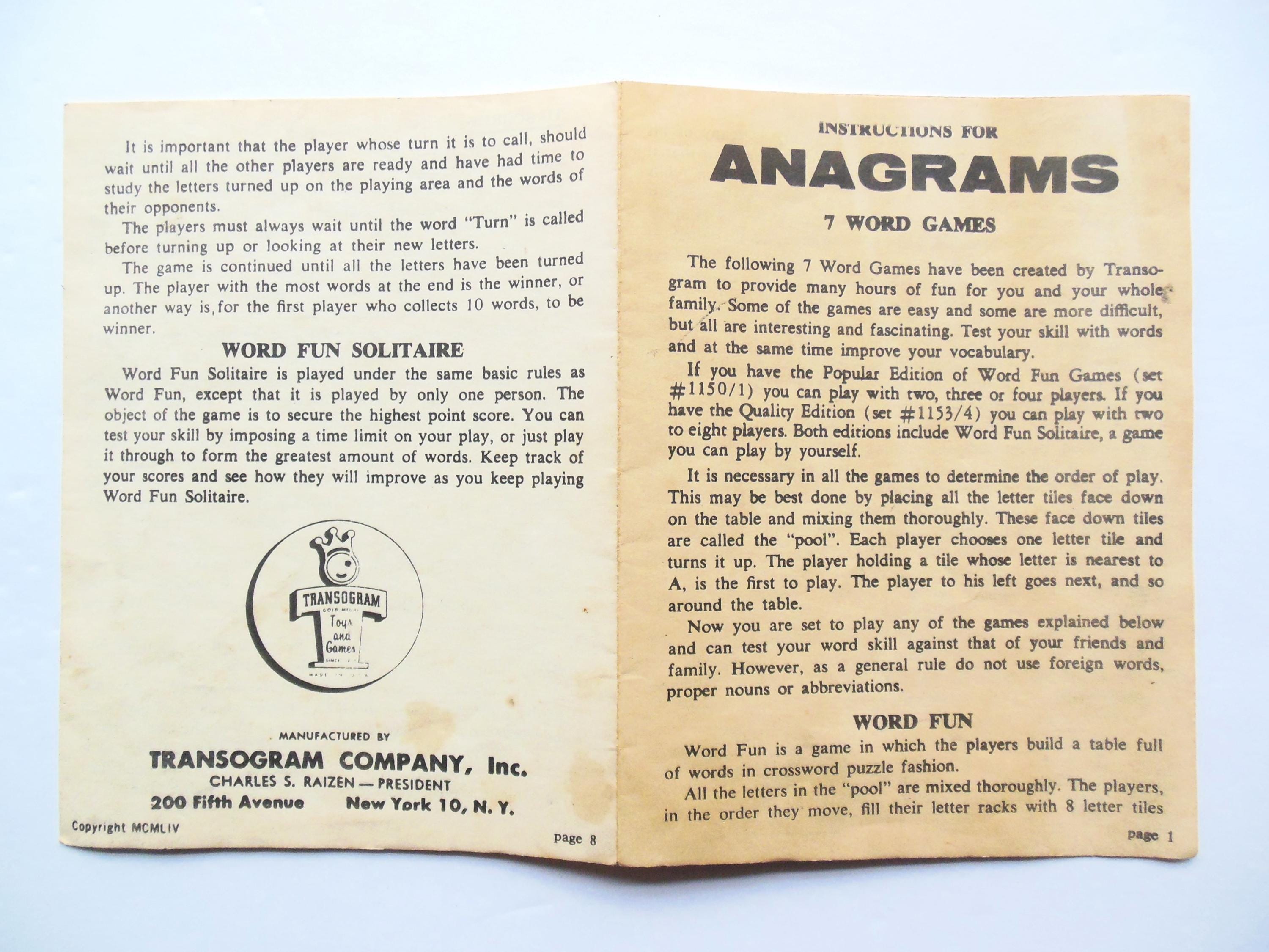 Transogram Anagrams Word Game 7 Games With Plastic Alphabet Tiles and ...