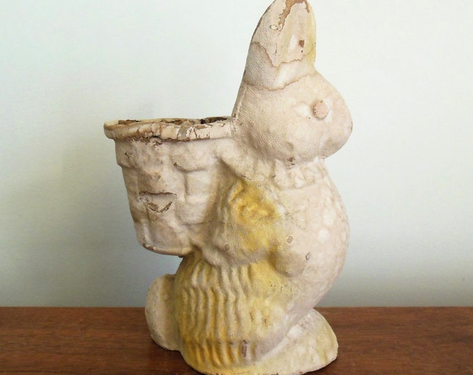 Old Paper Mache Easter Bunny With Basket, Chipped Stained Pulp ...