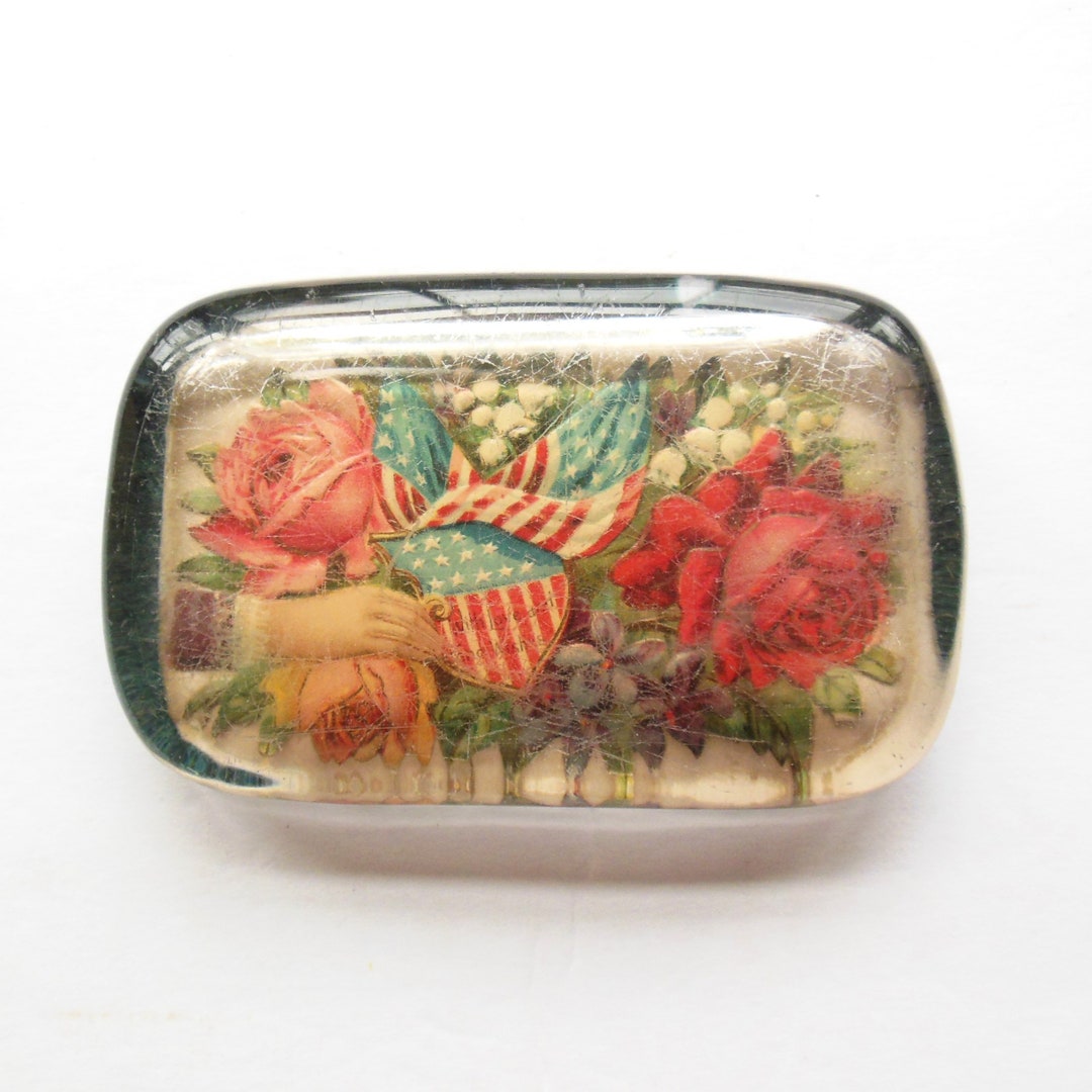 Old Glass Paperweight, Hand With Flowers Flag, Rectangle Solid Glass ...