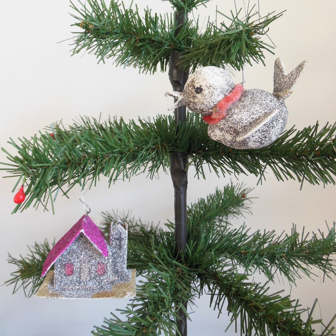 Mica Christmas Ornaments, Silver Glitter Frankel Bird, Church House ...