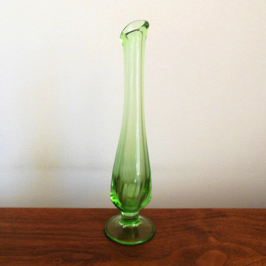 Green Vaseline Glass Vase Footed Slender Flower Bud Vase, Vintage 8 ...