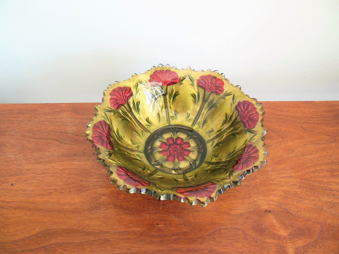 Goofus Glass Carnation Bowl, Red Flowers on Large Gold Ornate Serving ...
