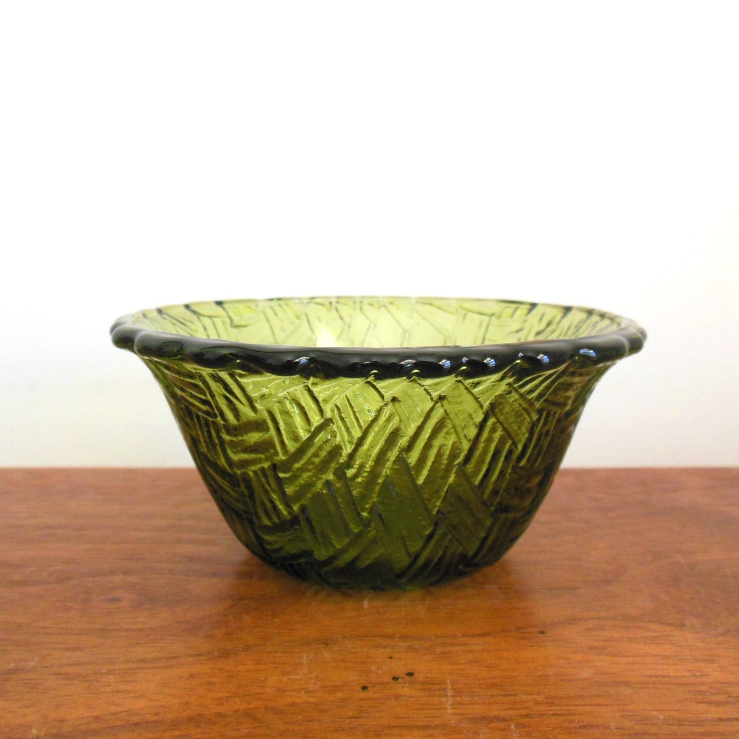 Small Green Bowl Indiana Glass Weavetex Dessert Dish, Avocado Basket ...