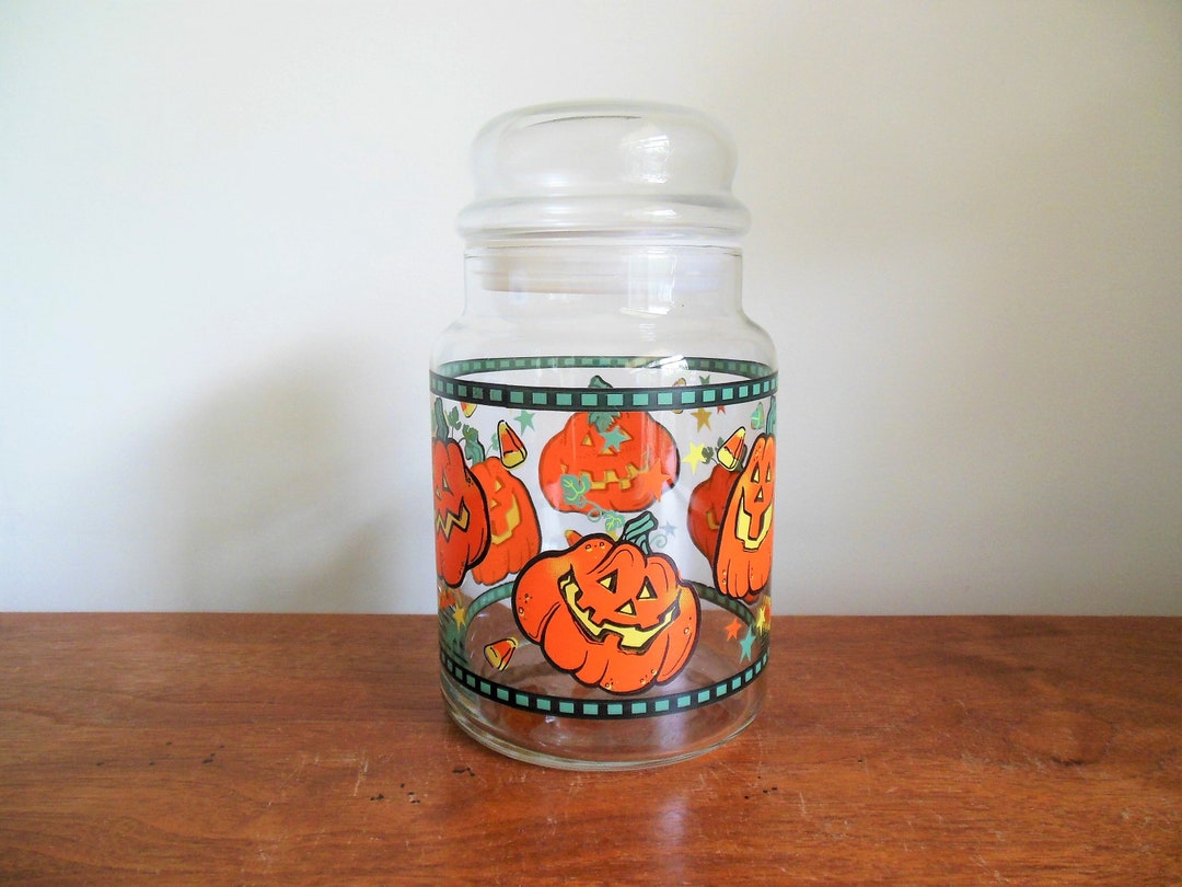 Halloween Candy Jar, Libbey Glass Canister With Pumpkins, Jack O ...