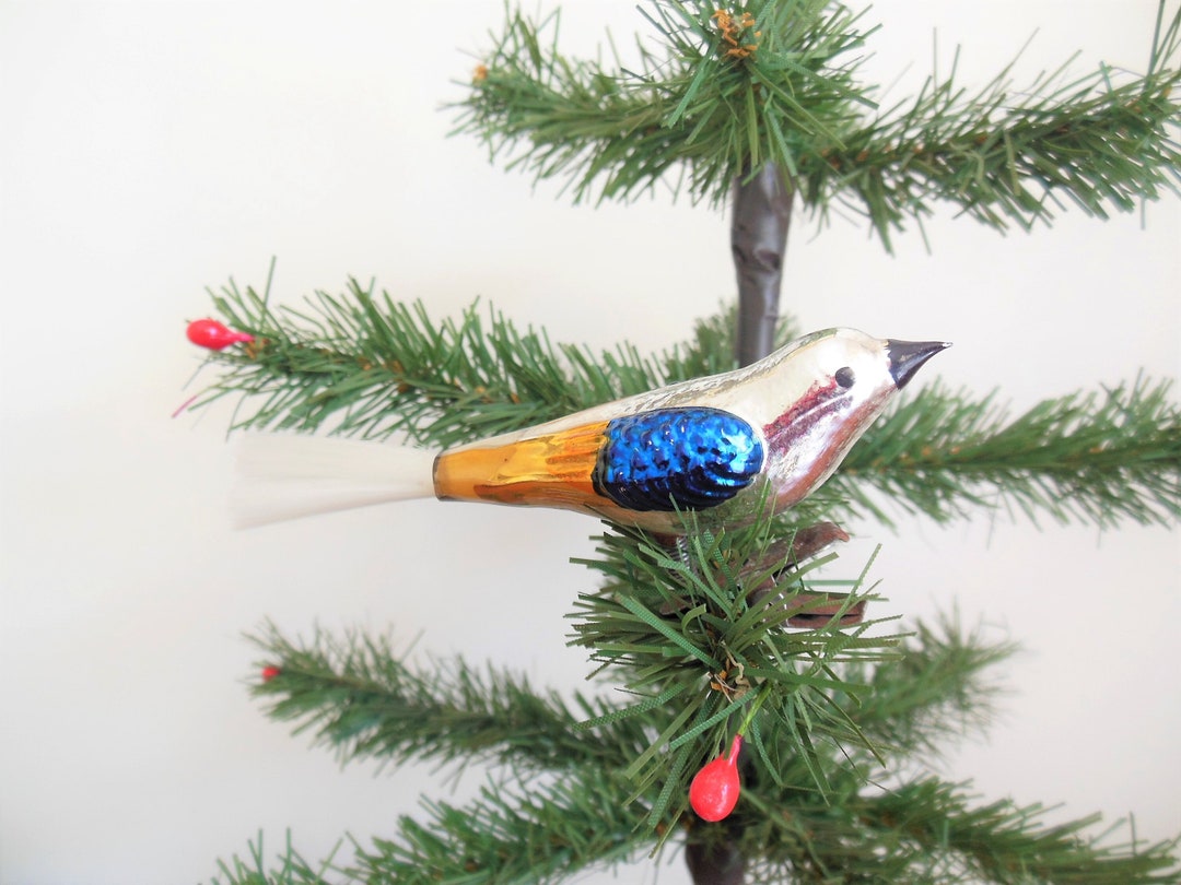 Glass Bird Christmas Ornament, Clip on Bird, Silver With Blue and Gold ...