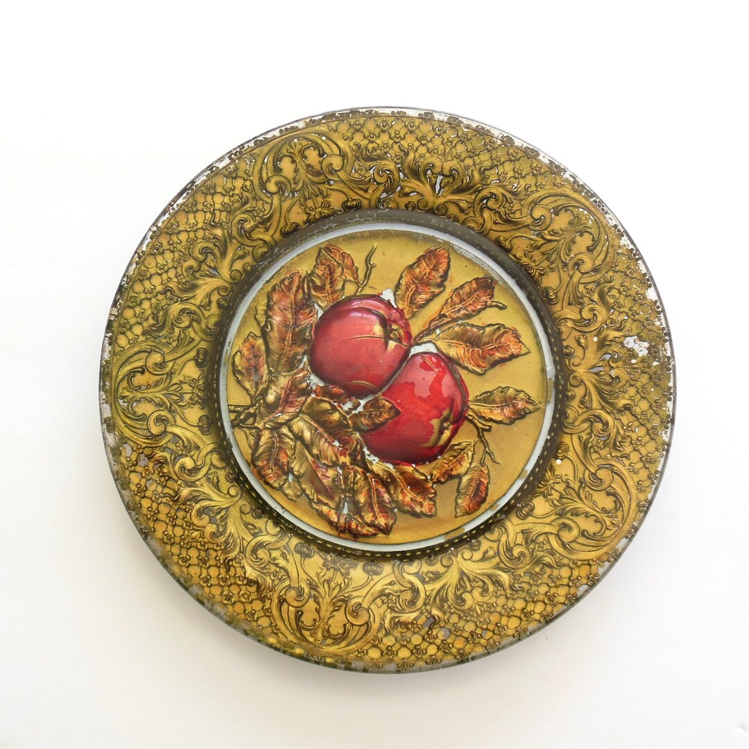 Goofus Glass Plate Two Apples, Gold and Red Antique Painted Decorative ...