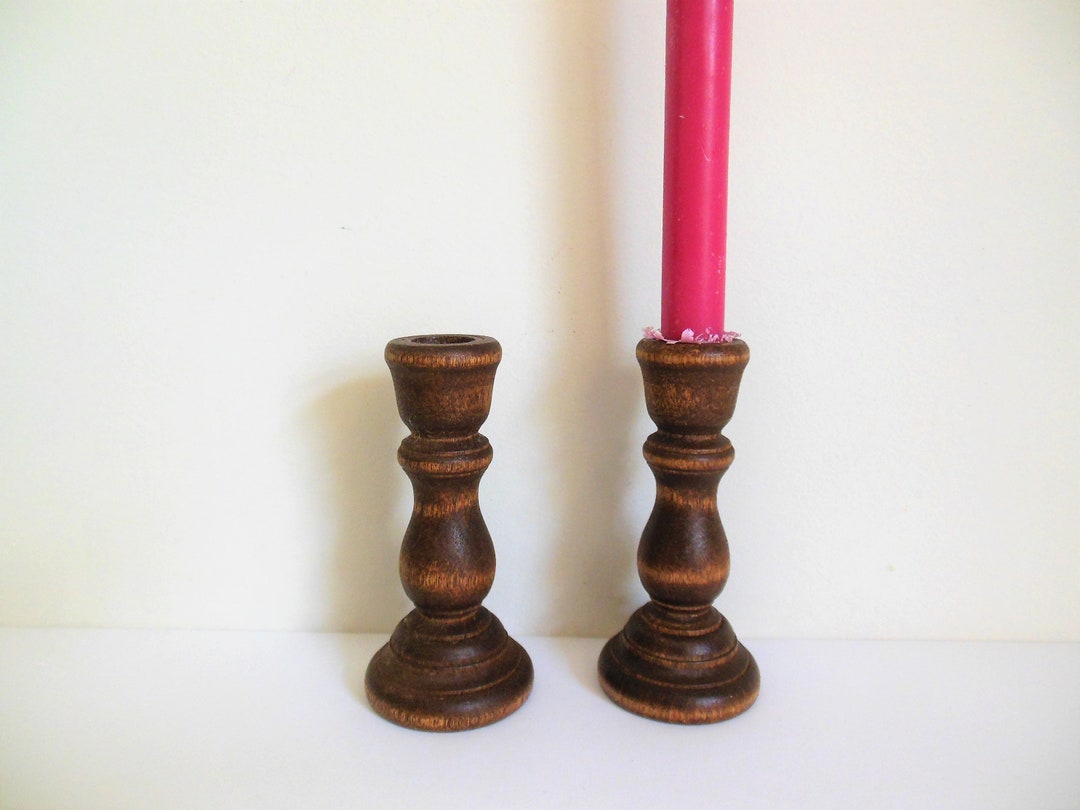 Little Wooden Candle Sticks With Candles, Pair of Miniature Wood ...