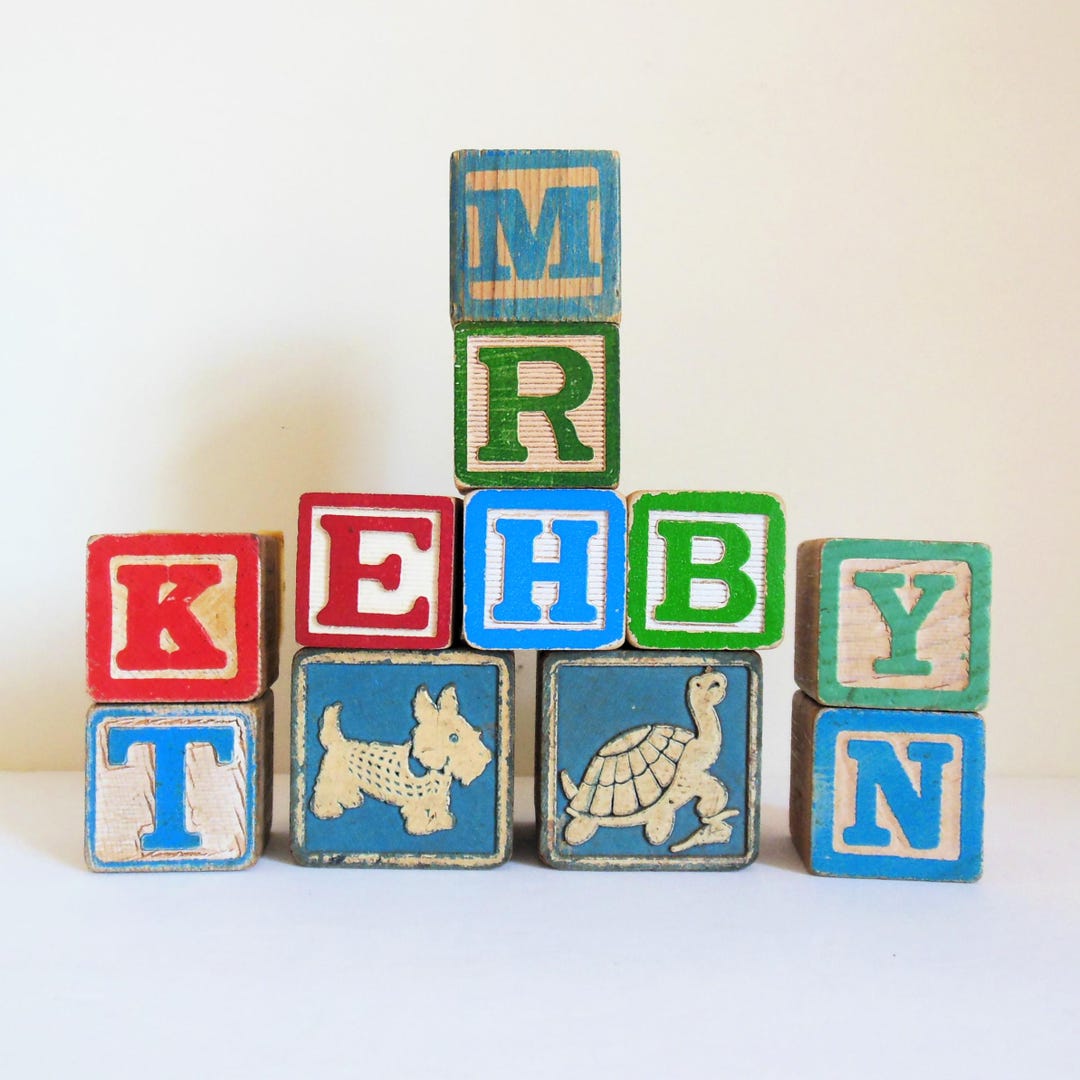 Wood Block Set Old Alphabet and Picture Blocks, Mixed Group of Children ...