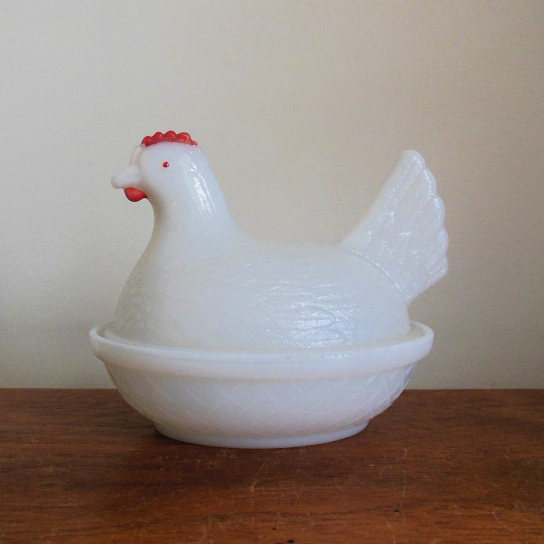 Milk Glass Hen on Nest Dish for Easter, Two Piece Chicken Little Bowl ...