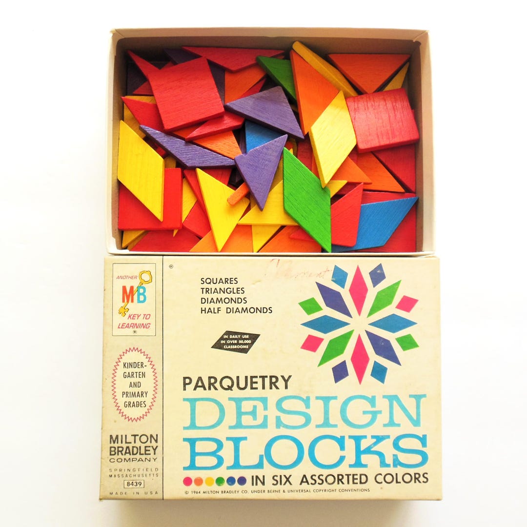 Design Blocks Wood Parquetry by Milton Bradley 1964, Squares Triangles ...