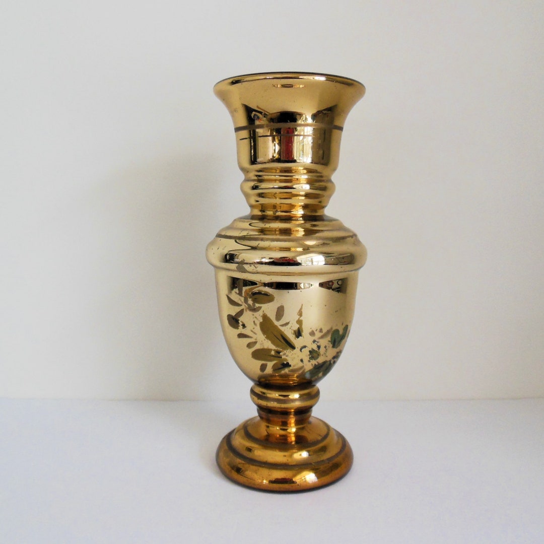 Gold Mercury Glass Vase, Antique Footed Vase With Hand Painted Flowers ...