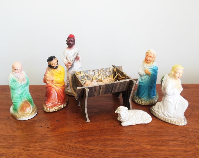 Vintage Nativity Set: Wood Stable, Chalkware Figures, Biblical ...