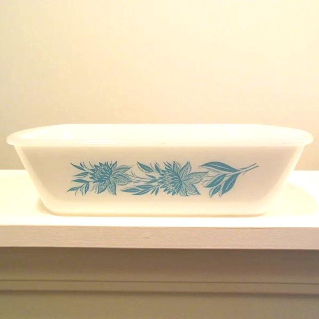 Glasbake Aqua Blue Thistle Loaf Pan, White Glass Casserole Dish With ...