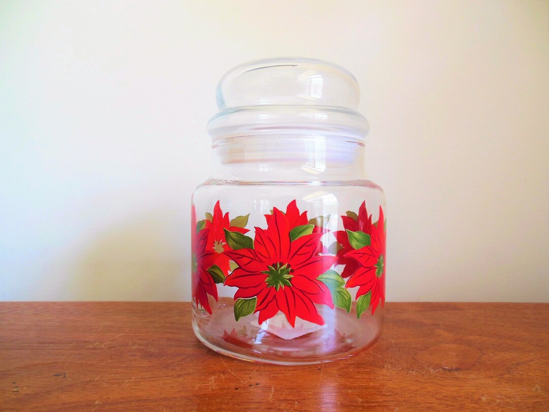 Poinsettia Christmas Candy Jar, Libbey Glass Canister With Red Holiday ...