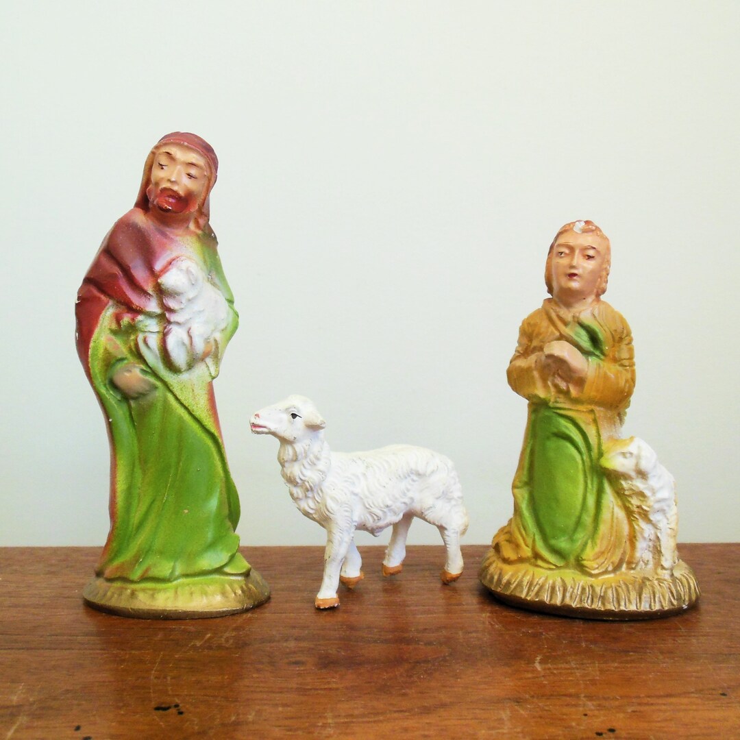 Christmas Nativity Shepherds and Lamb Sheep, Three Chalkware or Plaster ...