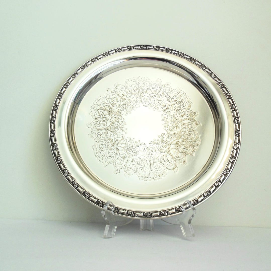 Oneida Silver Round Tray Silverplate Platter, Leaves and Vines Fleur De ...