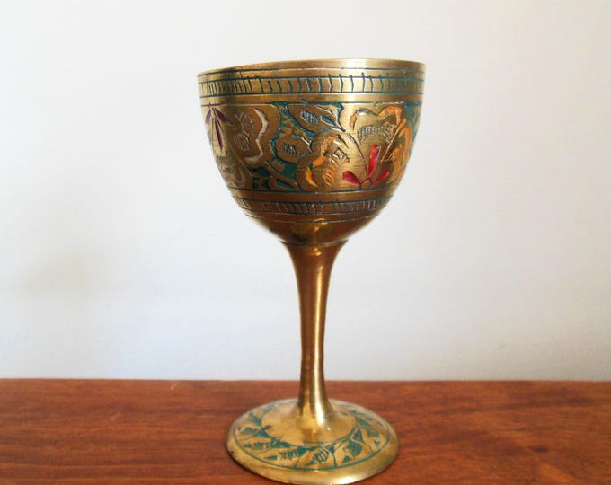 Brass Wine Goblet With Etched and Colored Design, Small Stemmed Metal ...