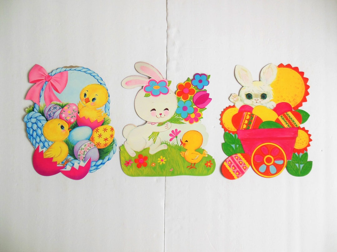 Easter Cardboard Decorations, With Bunnies Chicks and Eggs, Colorful ...