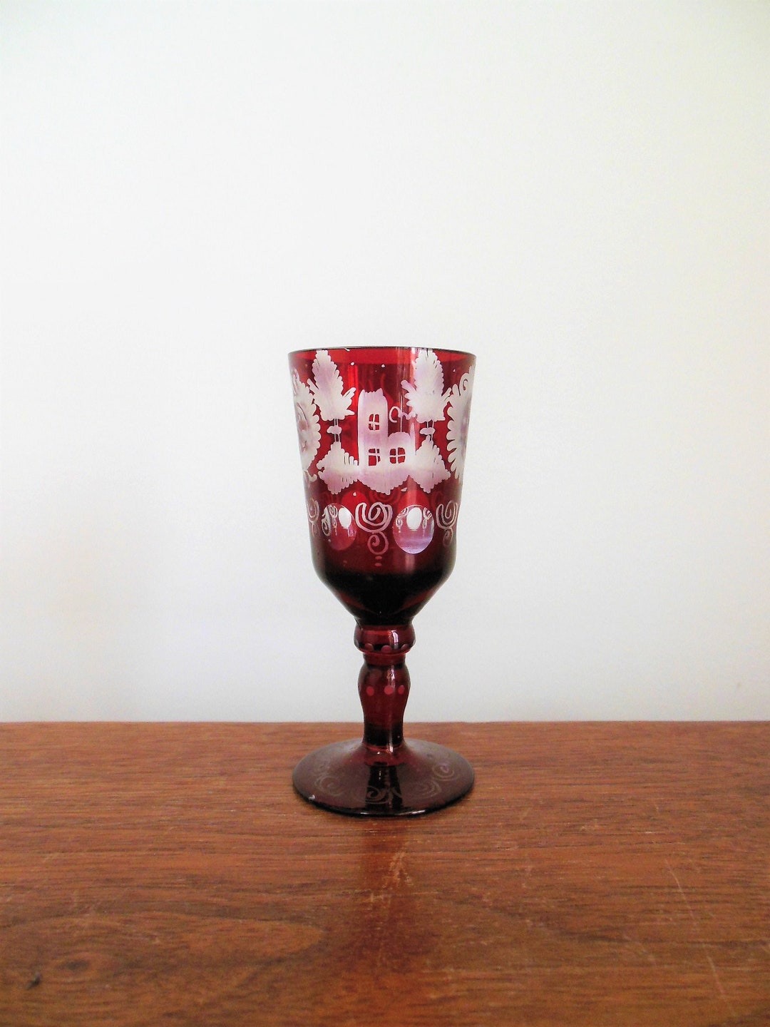Red Bohemian Stemmed Glass, Ruby Red and Frosted Etched Cordial, Czech ...